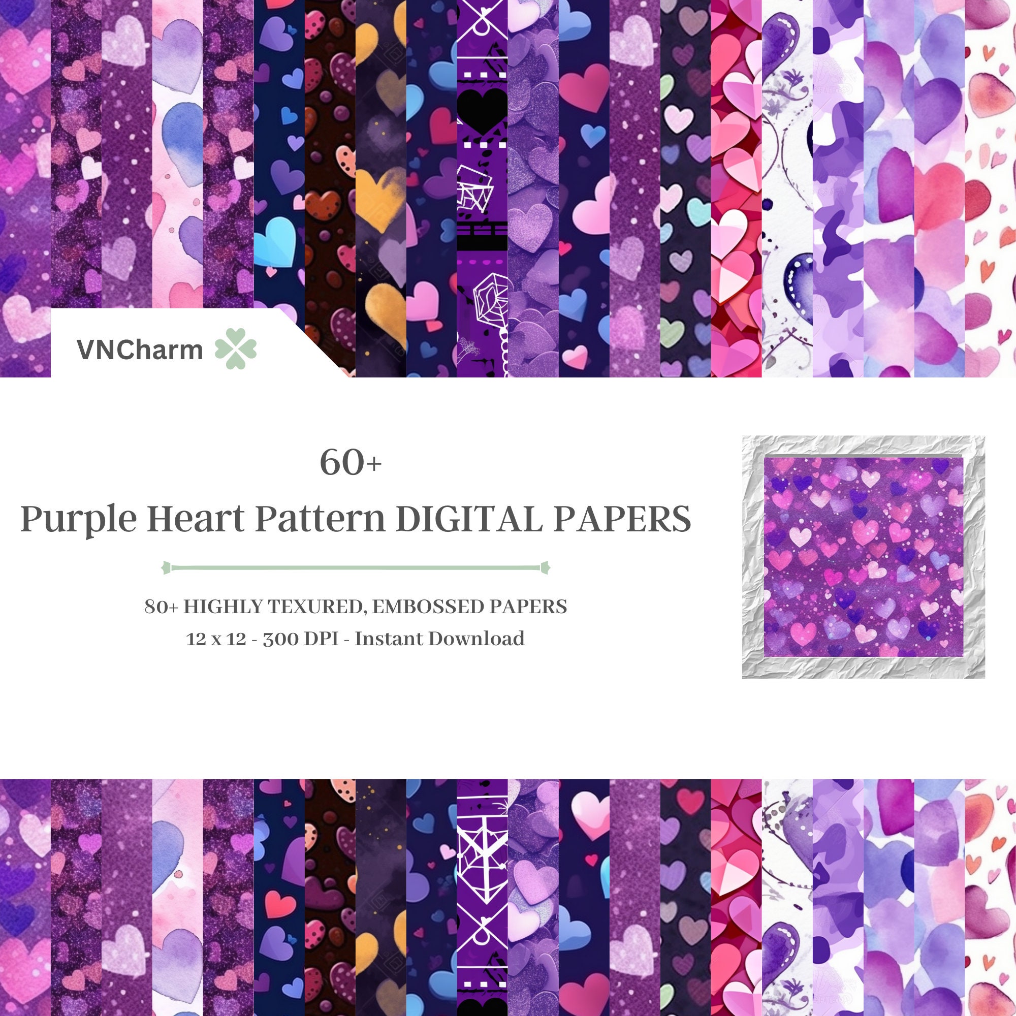60 Seamless Purple Heart Pattern Digital Paper Pack 1 4K HD13,6 ...