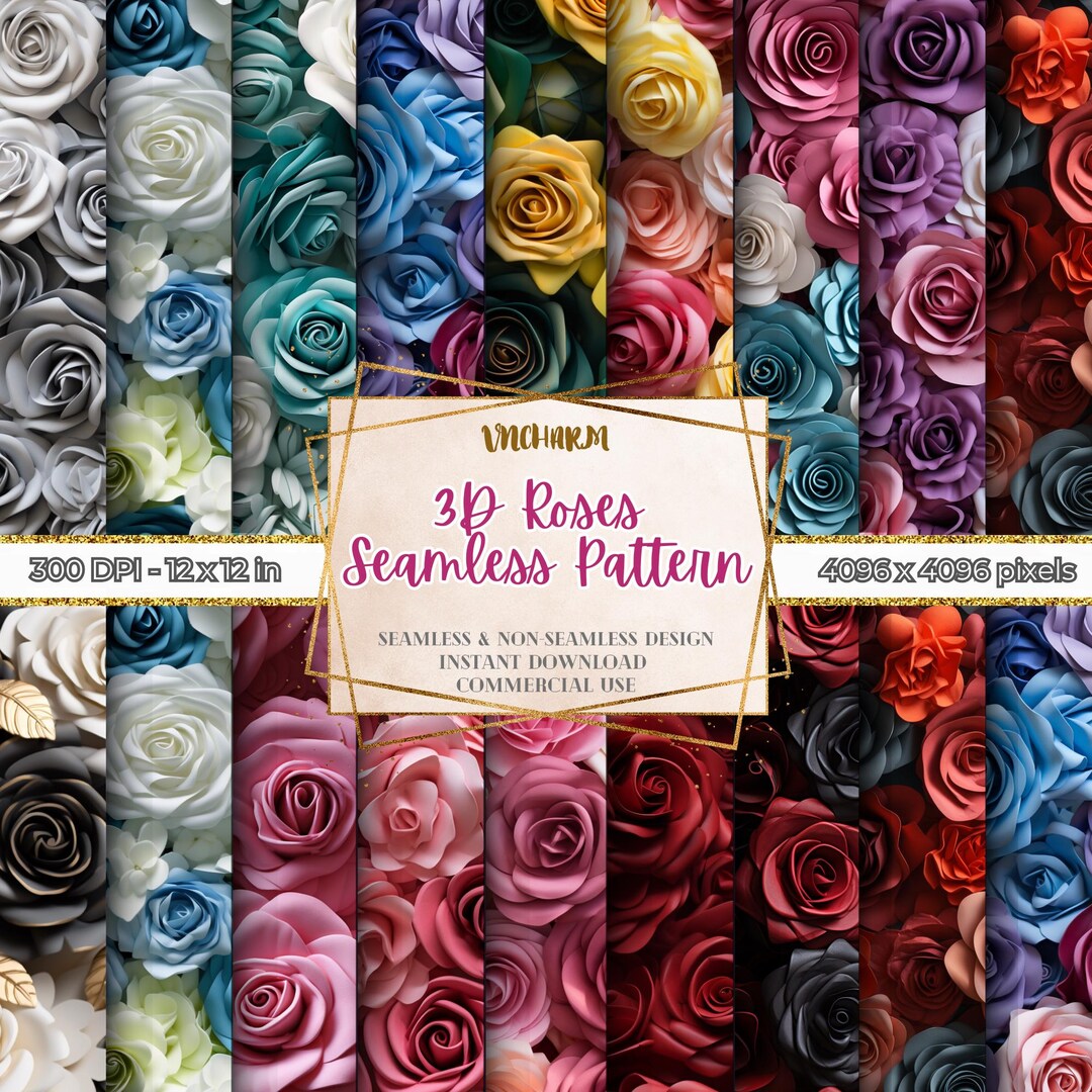 20 Seamless 3D Roses Pattern Seamless 3D Rose Graphic PNG Sublimation ...