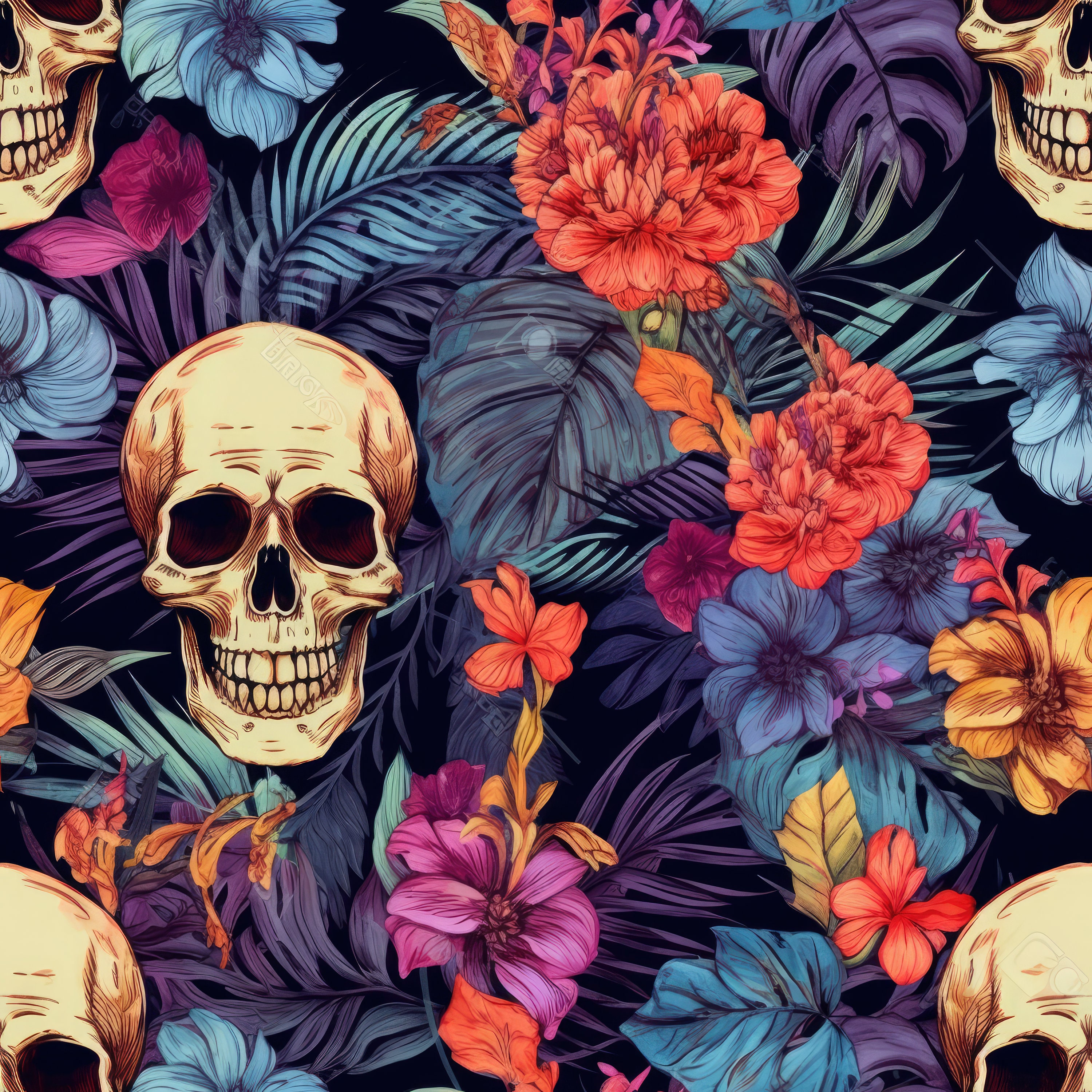 80 Seamless Spring Skull Patterns With Flowers, Butterflies, and Pastel ...