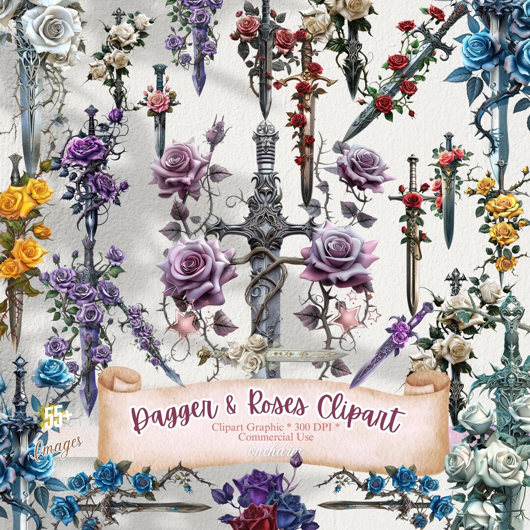 55+ Dagger and Roses Clipart | Rose Dagger Clipart Floral Dagger Bundle ...