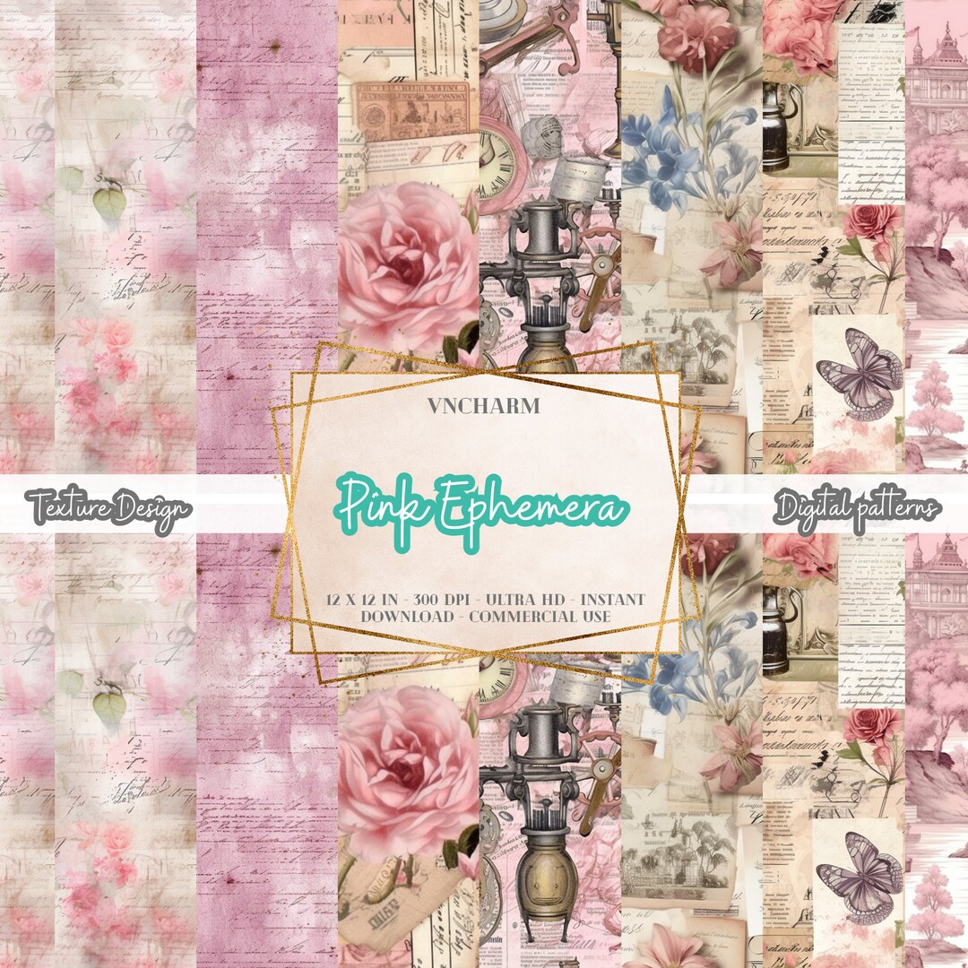 60 Seamless Pink Ephemera Digital Paper Pack Printable Digital Papers ...