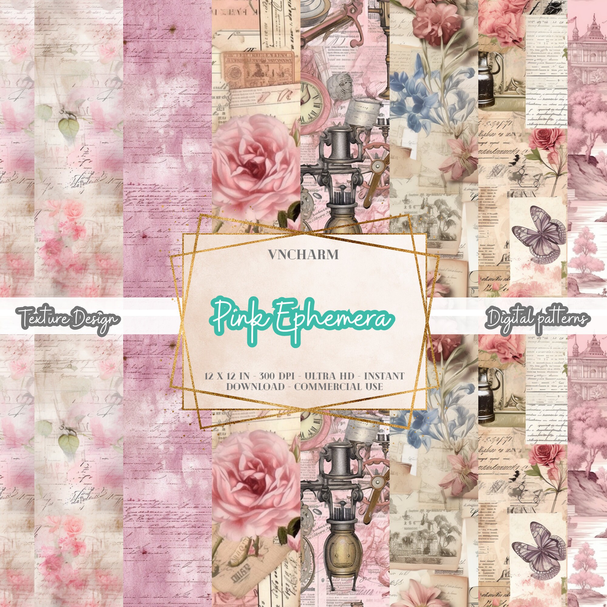 60 Seamless Pink Ephemera Digital Paper Pack Printable Digital Papers ...