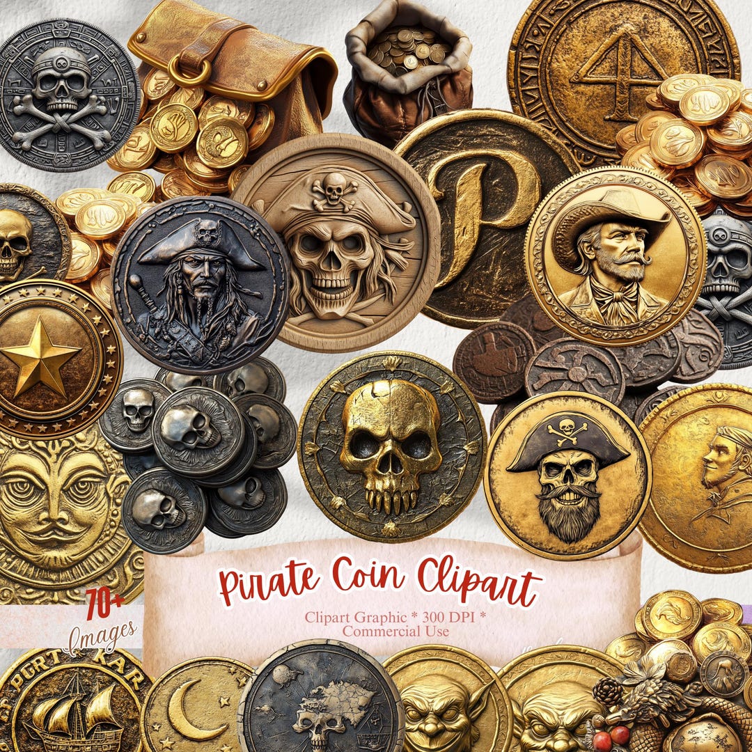 Pirate Coin Clipart: 70+ Pirates Treasure Hunt PNG Instant Download for ...