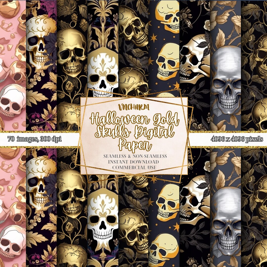 70+ Halloween Gold Skulls Digital Paper | Halloween Patterns ...
