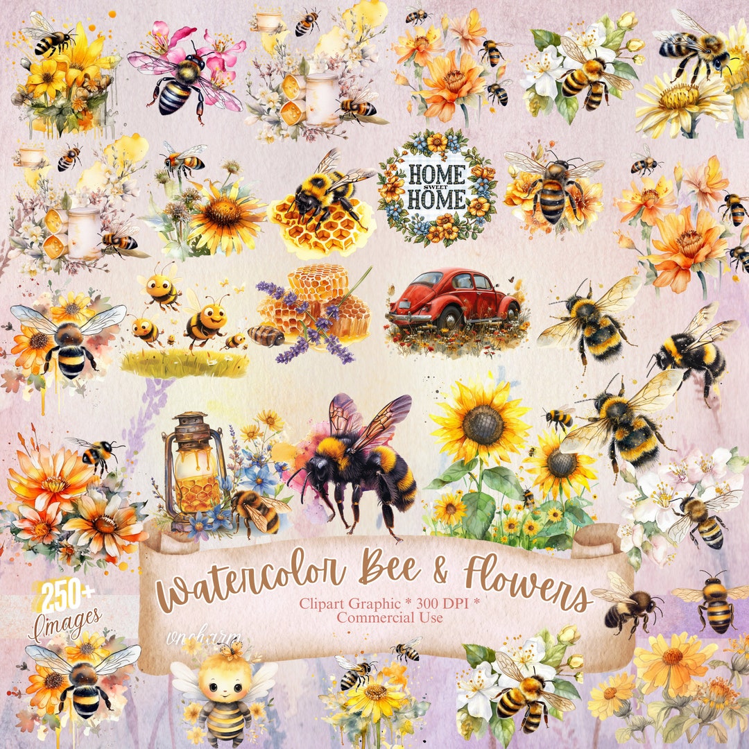 250 Watercolor Bee & Flower Clipart, Bee Png, Spring Clipart, Honey Bee ...