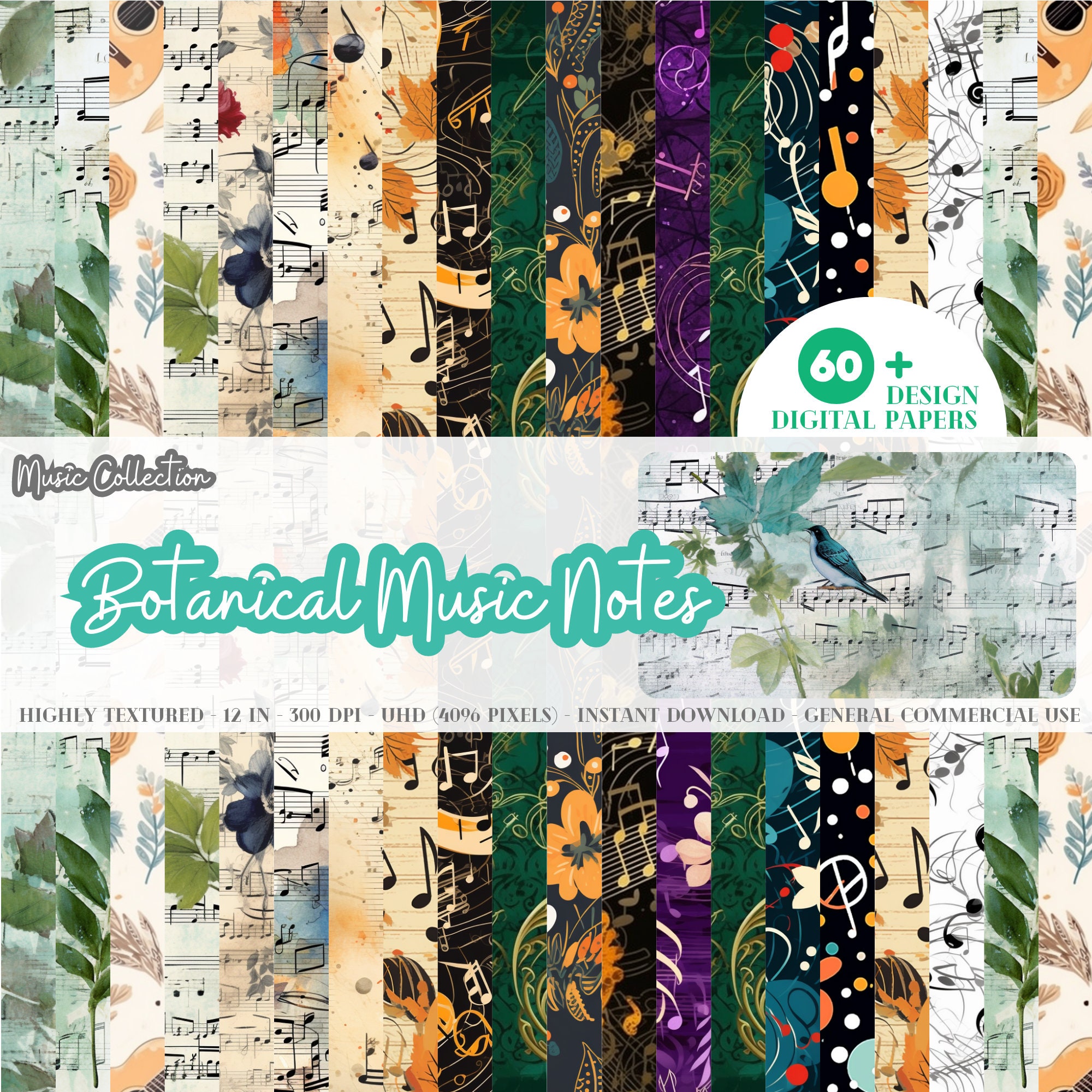 60 Seamless Botanical Music Notes Digital Paper Pack 4K, UHD digital ...
