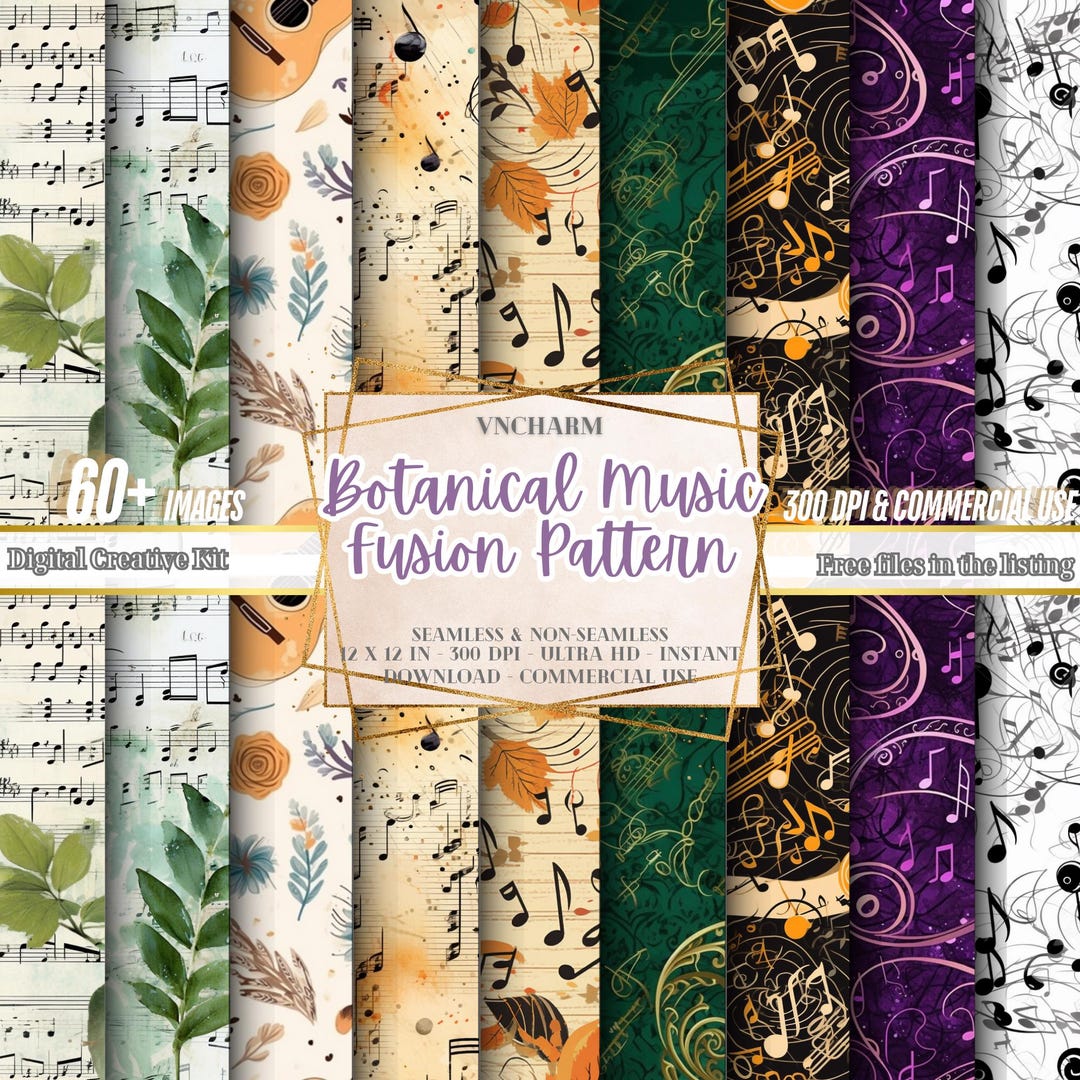 60+ Seamless Botanical Music Notes Digital Paper, Music Seamless ...