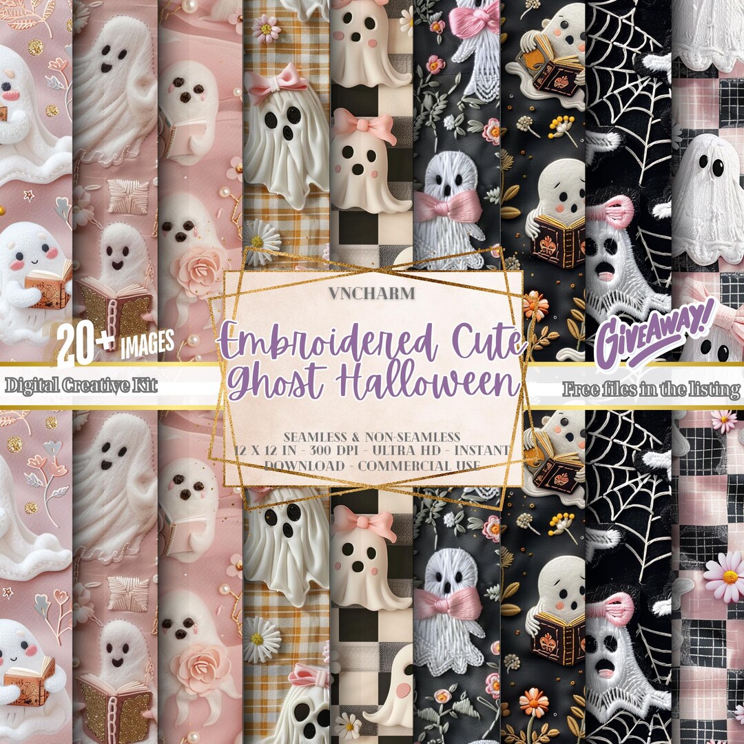 Embroidered Cute Ghost Halloween Seamless Digital Paper Print, Cute ...