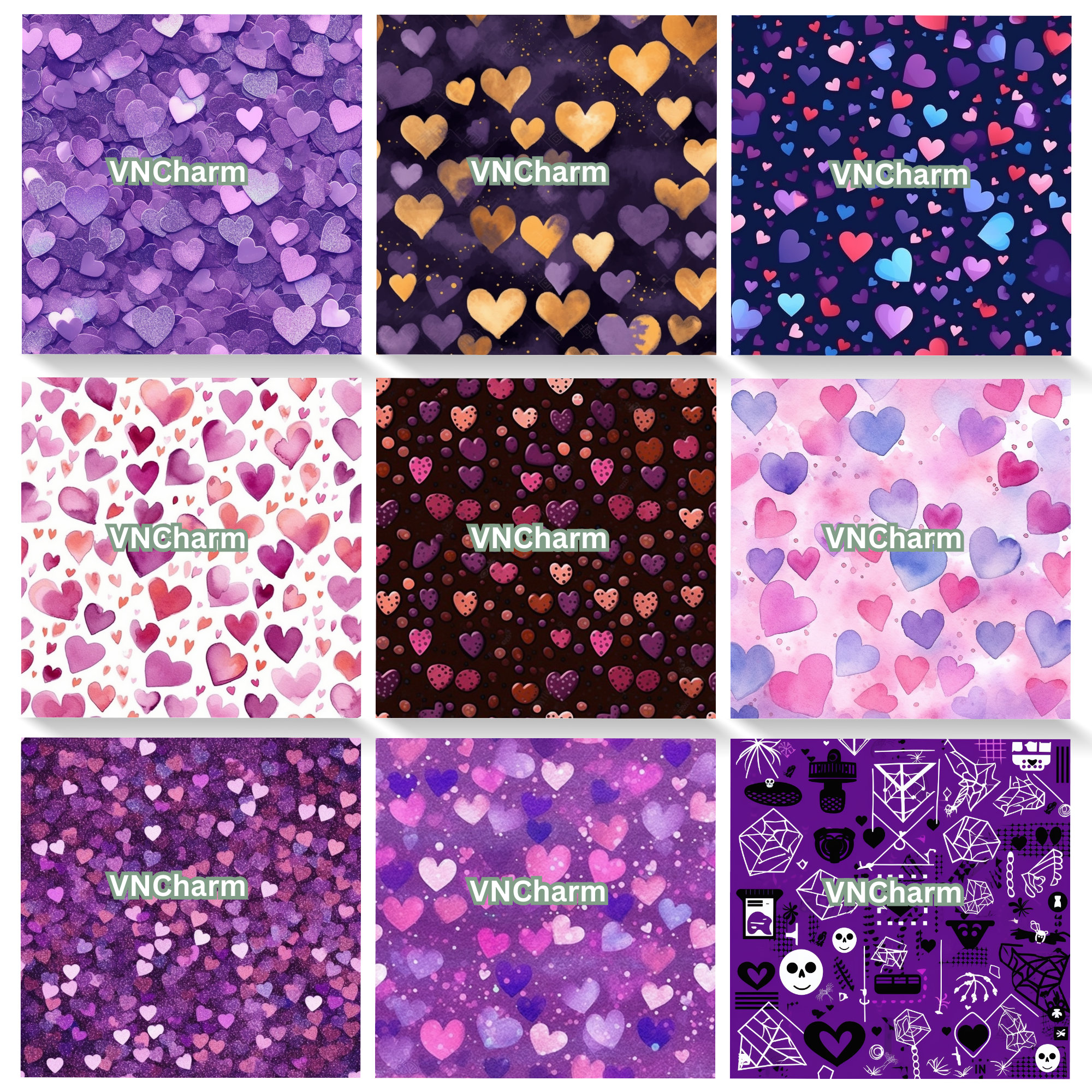 60 Seamless Purple Heart Pattern Digital Paper Pack 1 4K HD13,6 ...