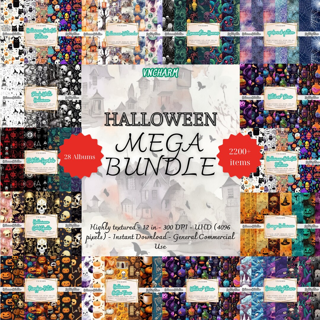 Digital Paper Bundle: 2200 Halloween Seamless Pattern Art, Halloween ...