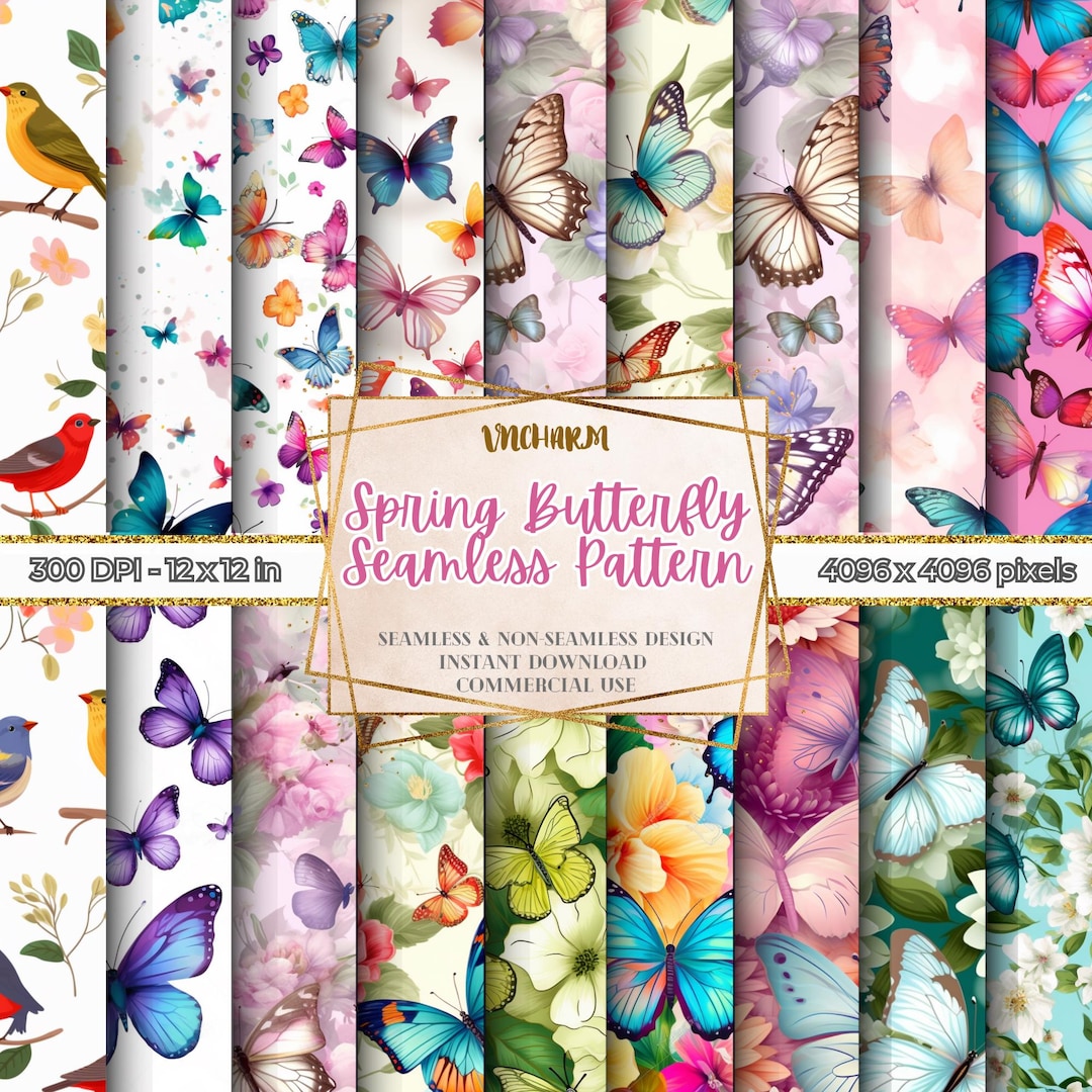 90+ Seamless Spring Butterfly Pattern, 12x12 in 300 DPI Instant ...