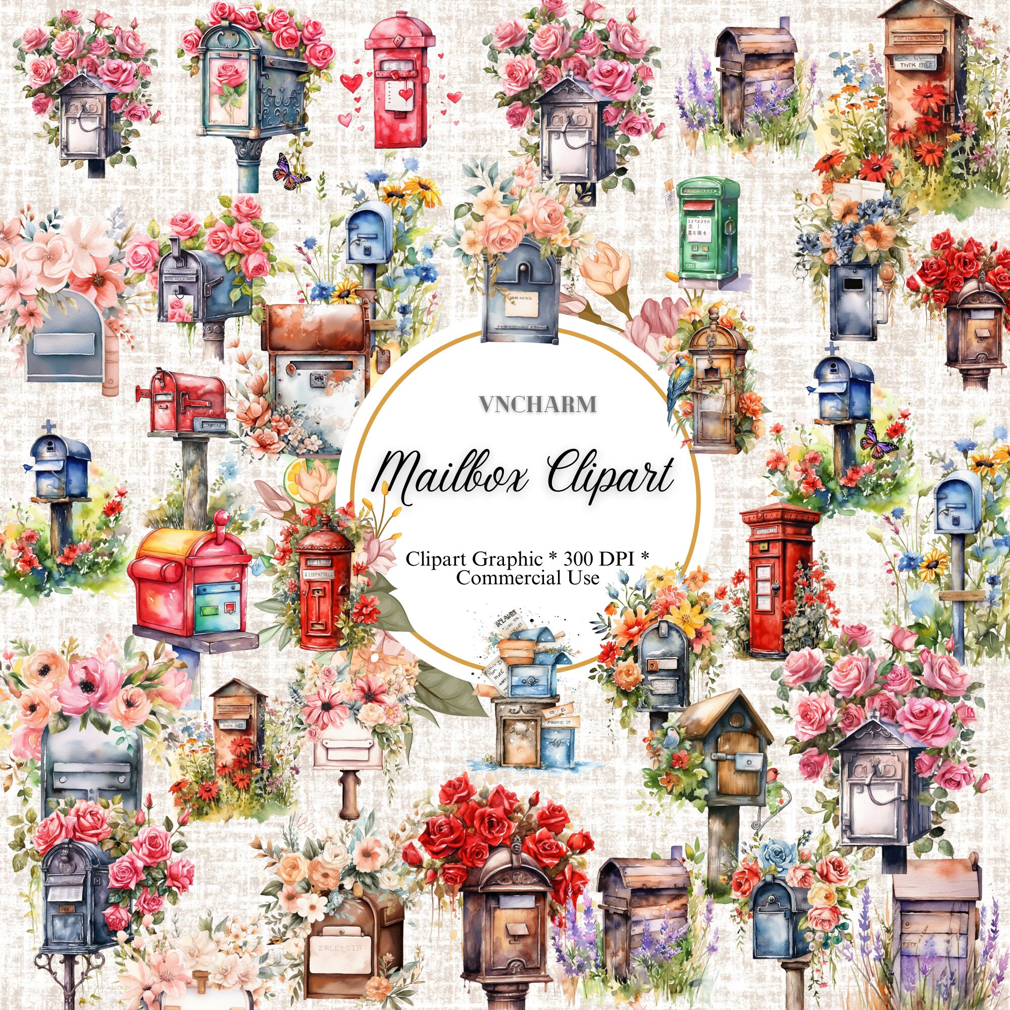 Mailbox Clipart 230 Watercolor Mailbox, Floral Mailbox, Envelope ...