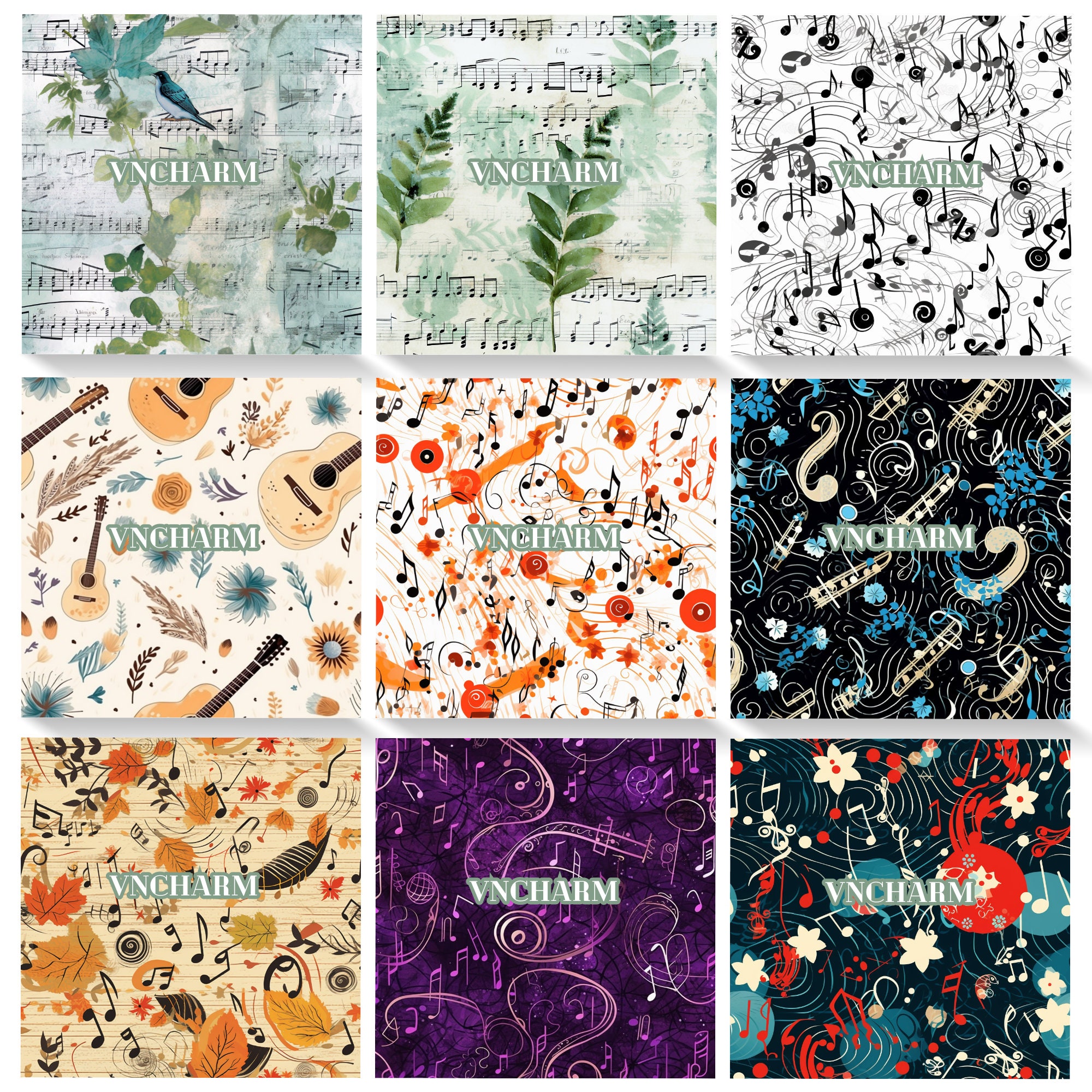 60 Seamless Botanical Music Notes Digital Paper Pack 4K, UHD digital ...