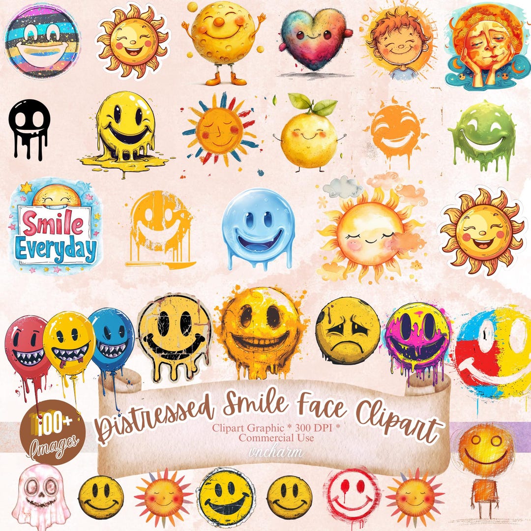 Distressed Smile Face Clipart: 100 Distressed Smiley Clipart, Smiley ...