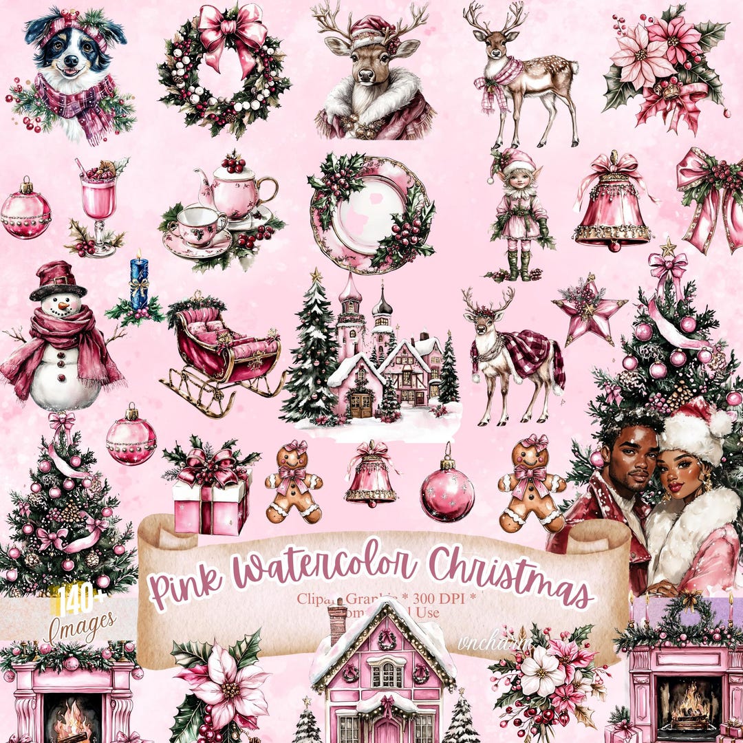 140+ Watercolor Pink Christmas Clipart, Traditional Christmas Tree ...