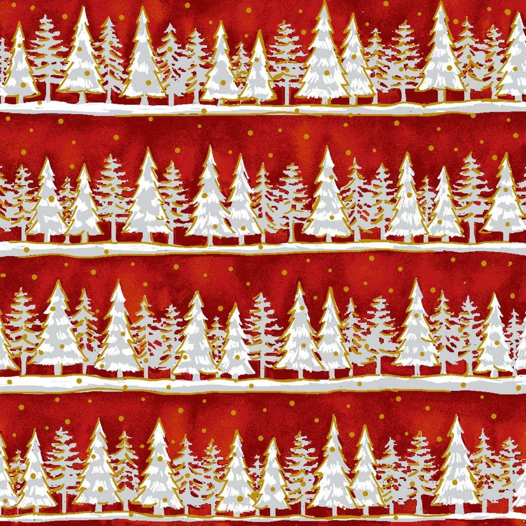 Season's Greetings red Snowy Pine Treespaintbrush Studio-fat Quarter - Etsy