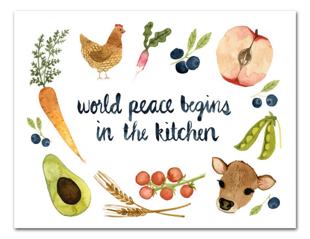 World Peace Begins in the Kitchen Watercolor Art Print, Kitchen Print ...