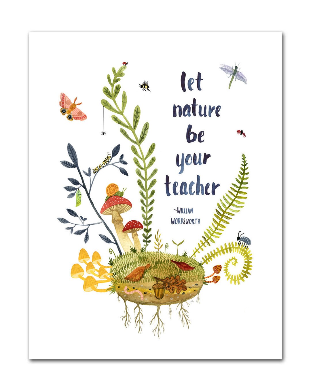 Let Nature Be Your Teacher Art Print, Watercolor Illustrated Quote ...