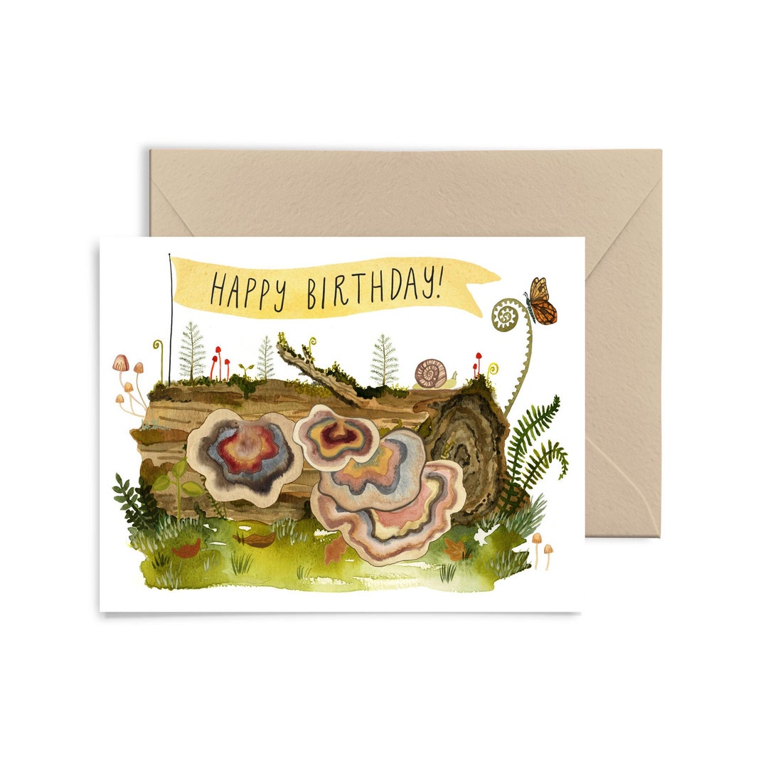 Nurse Log Birthday Card, Woodland Card, Cute Forest Watercolor Mushroom ...
