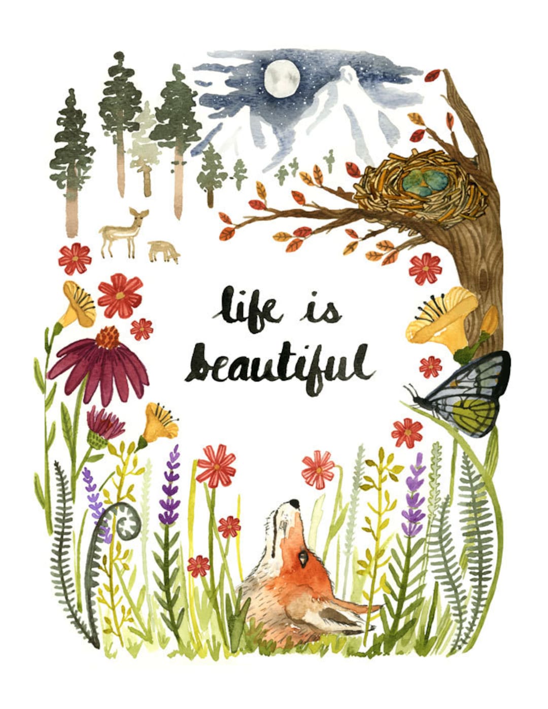 Life is Beautiful Art Print, Watercolor Wall Art, Adventure, Woods ...