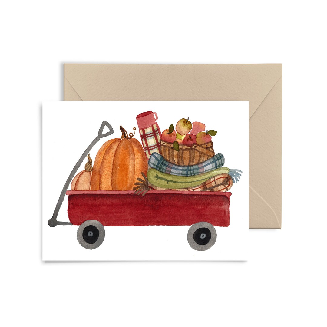 Pumpkin Wagon Greeting Card Autumn Notecard Apples Fall - Etsy