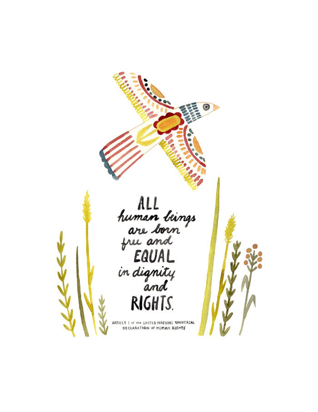 United Nations Declaration of Human Rights Watercolor Art Print, Equal ...