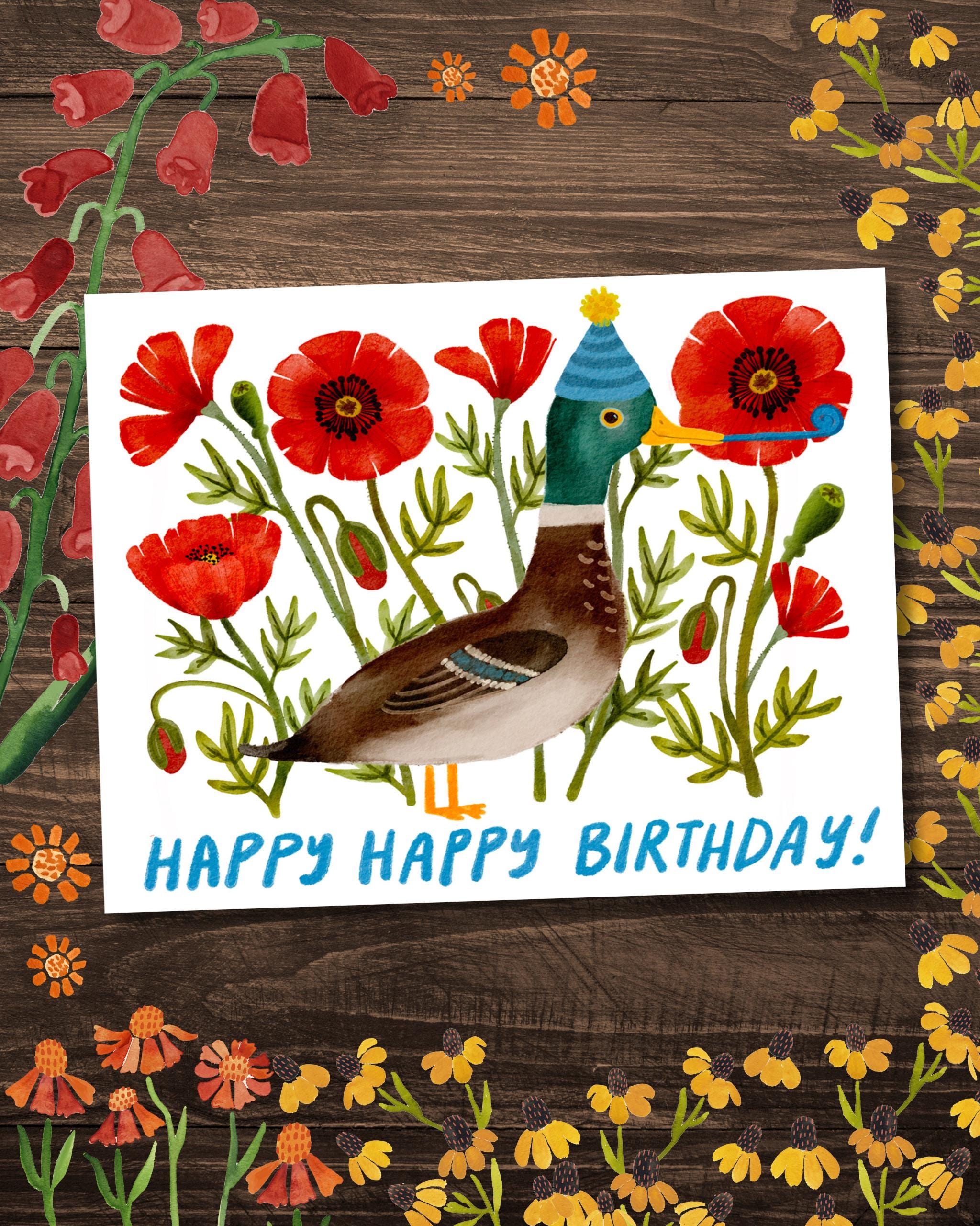 Duck Birthday Card, Cute Ducky With Party Hat and Red Poppies, Kids ...