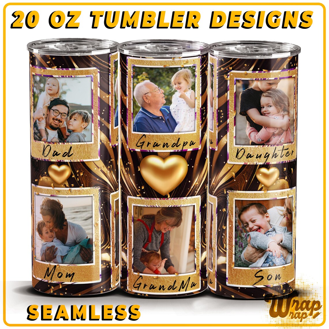 6 Polaroid Photo Frame Tumbler Wrap PNG, Family Gold Marble Heart ...