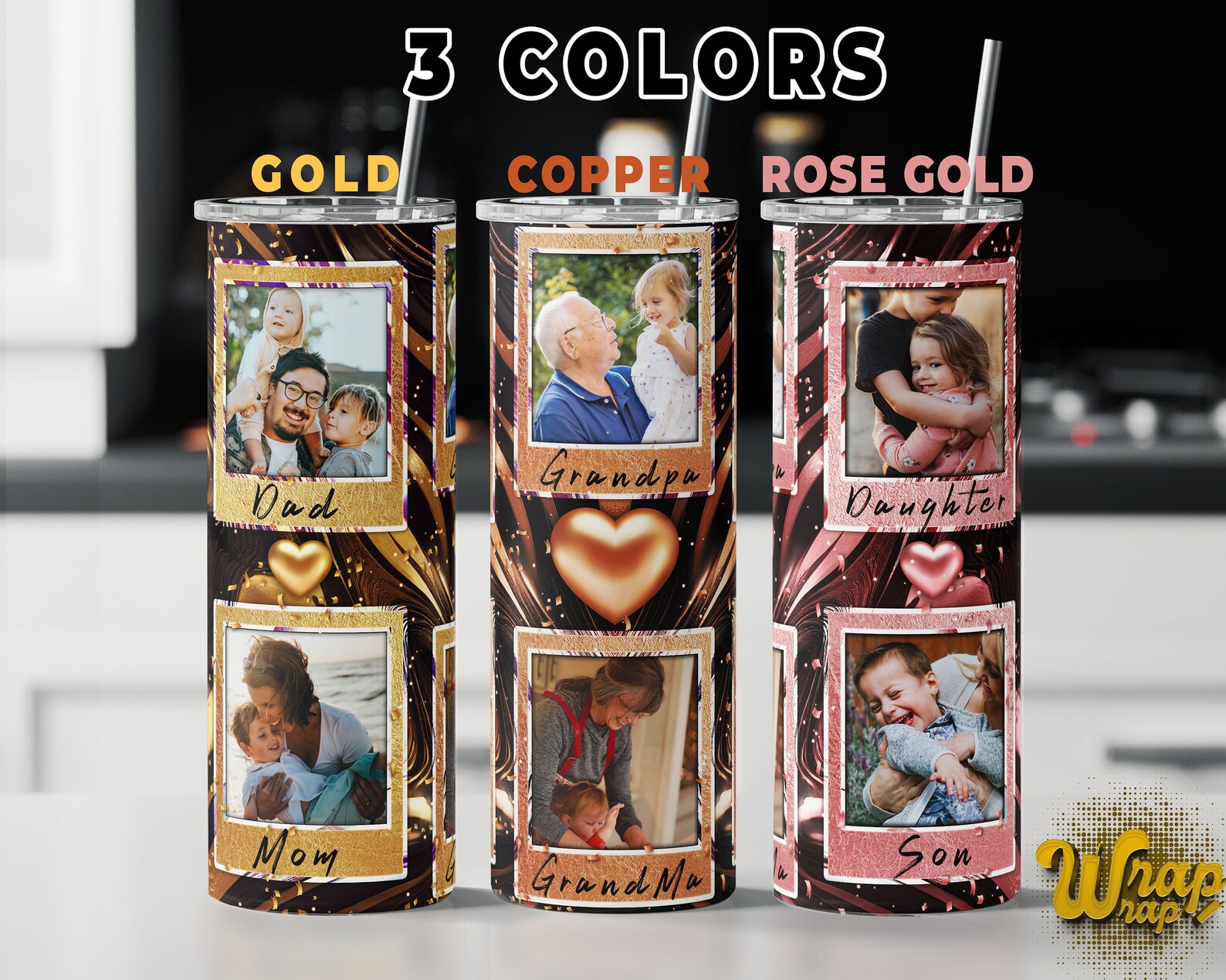 6 Polaroid Photo Frame Tumbler Wrap PNG, Family Gold Marble Heart ...