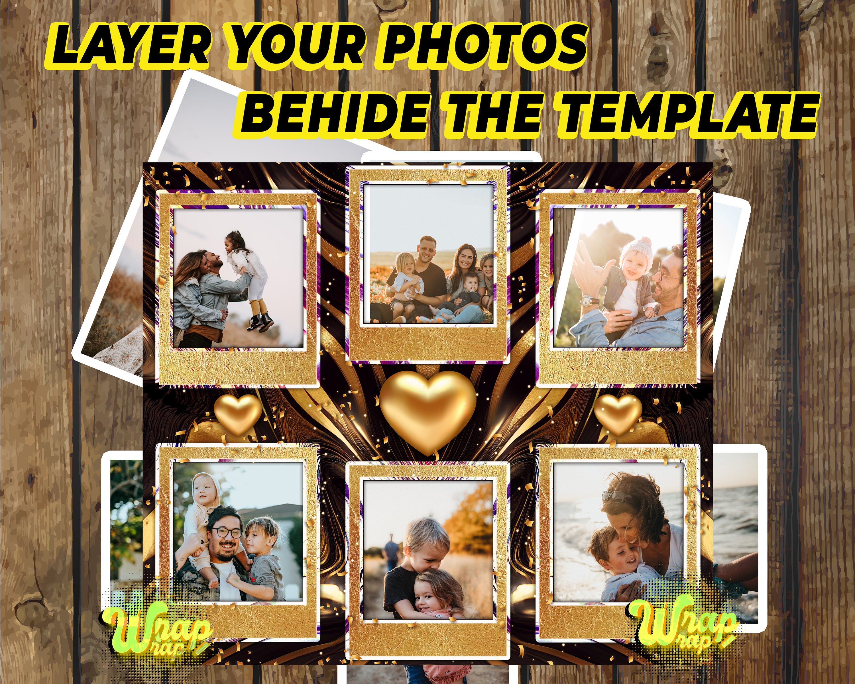 6 Polaroid Photo Frame Tumbler Wrap PNG, Family Gold Marble Heart ...