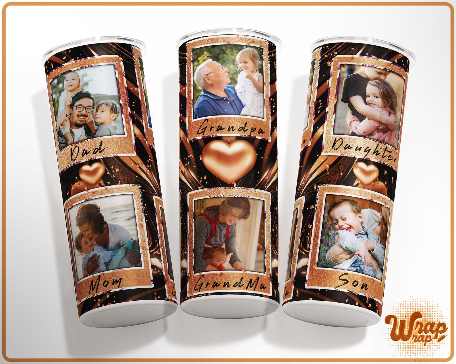 6 Polaroid Photo Frame Tumbler Wrap PNG, Family Gold Marble Heart ...