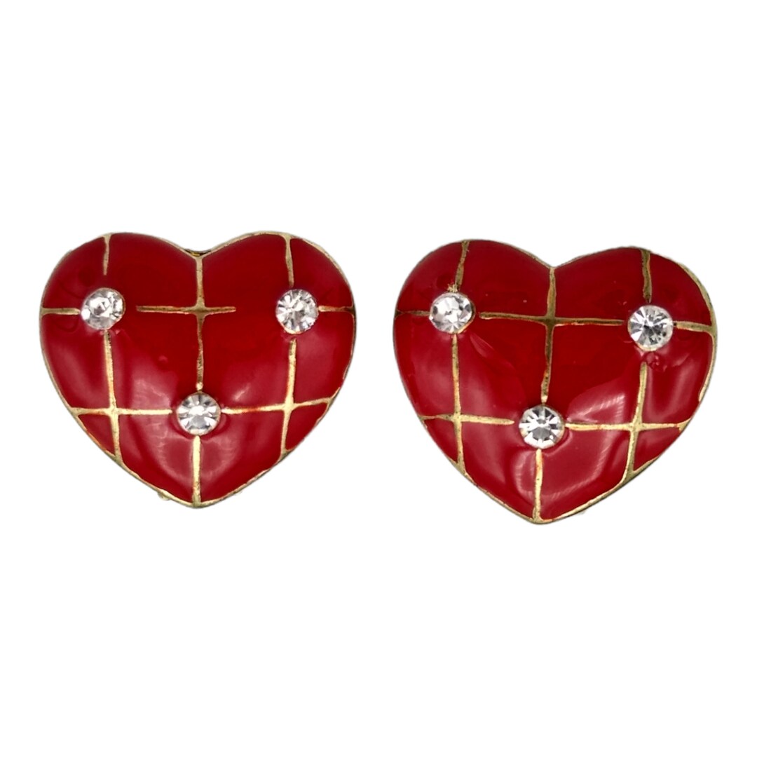 Rhinestone Heart Earrings, 80's Red Enameled and Clear Rhinestones ...