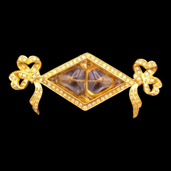 Rhinestone Bow Brooch, Interesting Lucite Center, Pav… - Gem
