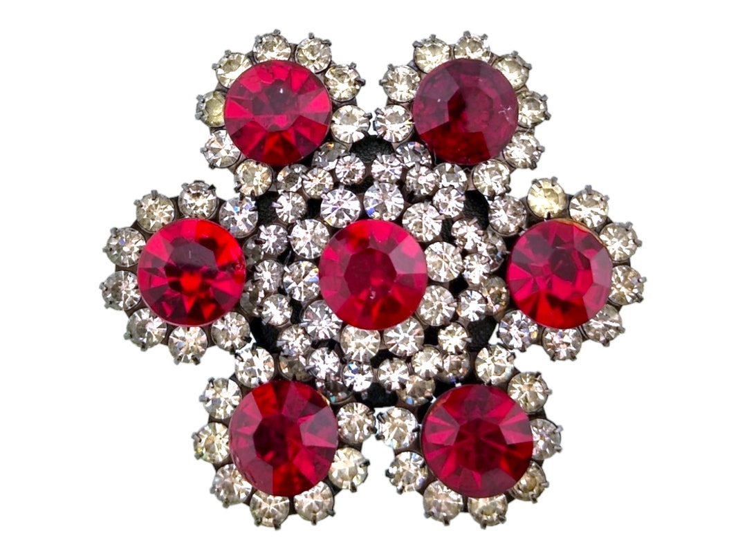 Red Rhinestone Brooch, Red and Clear Rhinestones, Gorgeous Flower Shape ...