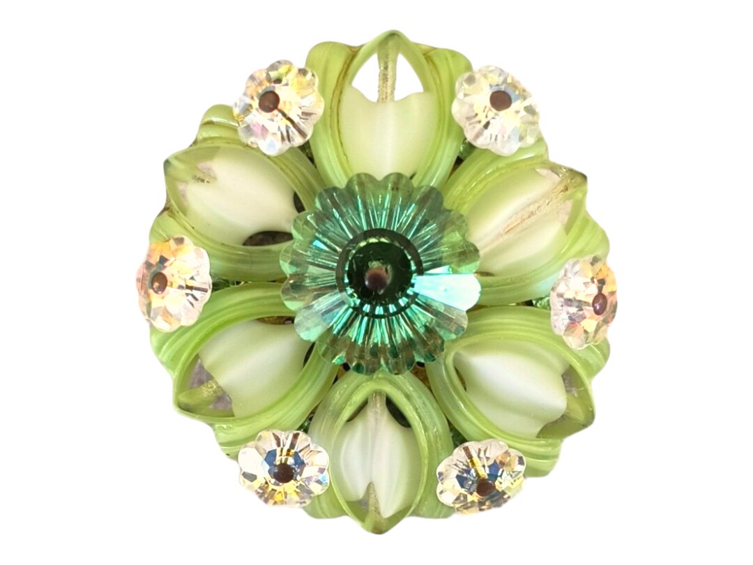 Green Murano Glass and Margarita Rivoli Rhinestone Flower Brooch! - Etsy