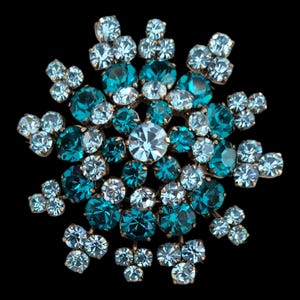 Austrian Rhinestone Brooch, Large Light Blue and Dark Teal Rhinestone ...