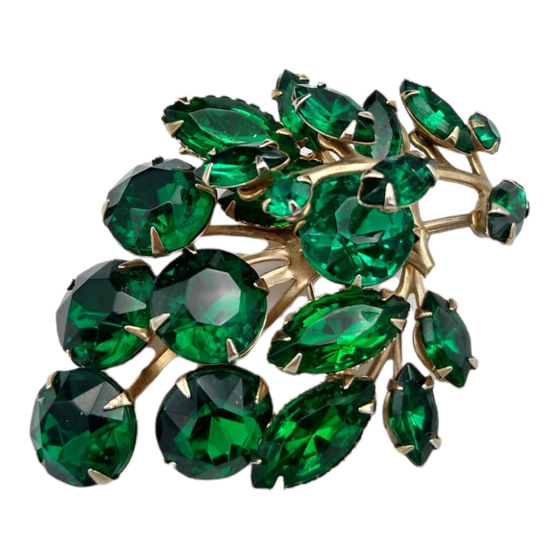 Emerald Green Rhinestone Brooch: Vintage Gold Tone Floral Frond - Etsy