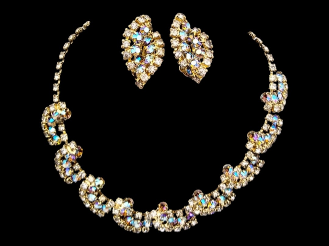 Rhinestone Necklace Earrings Set, Gorgeous Aurora Borealis and Icy ...