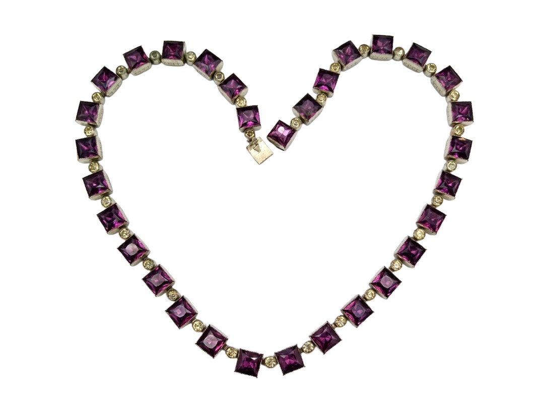 Purple Rhinestone Necklace, Square Cut Purple Rhinestones and Clear ...