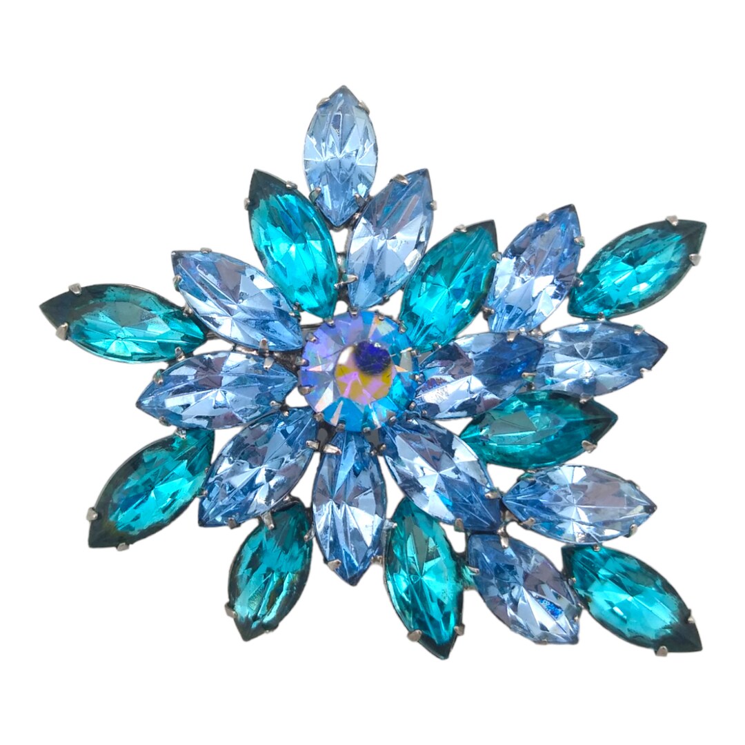 Aqua Blue Rhinestone Brooch, Vivid Aqua Blue and Light Blue Rhinestones ...
