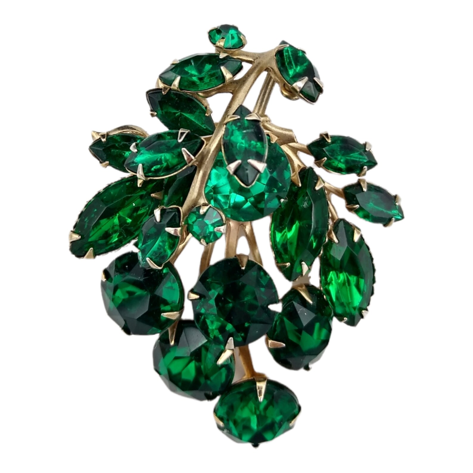 Emerald Green Rhinestone Brooch: Vintage Gold Tone Floral Frond - Etsy