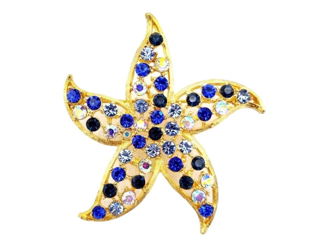 Gorgeous Lee Angel Starfish Brooch! Blue Rhinestones and Aurora ...