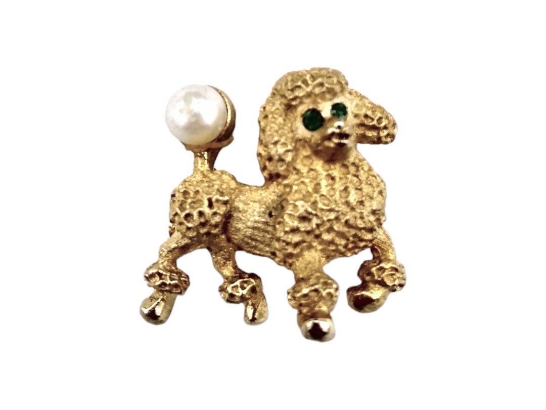 Gold Poodle Pin Dog Figural Pin Pearl Tail Green Rhinestone - Etsy