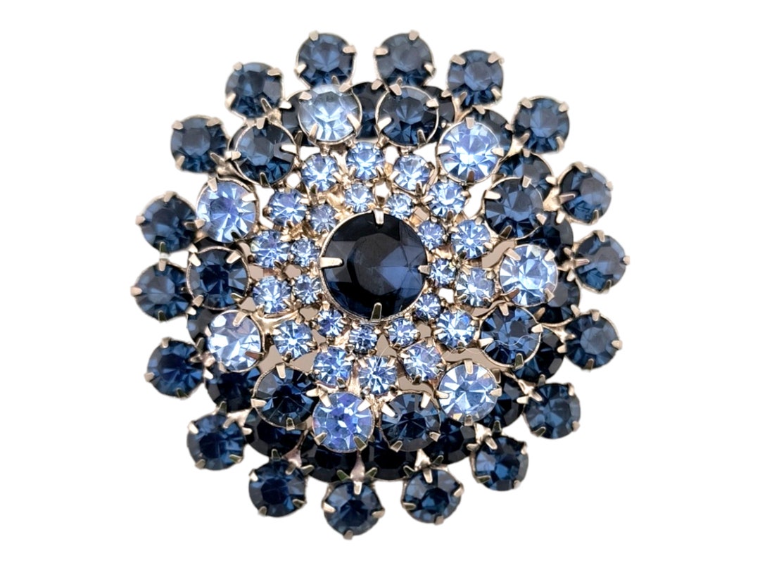 Blue Rhinestone Brooch, Light and Dark Sapphire Blue Rhinestones, Large ...