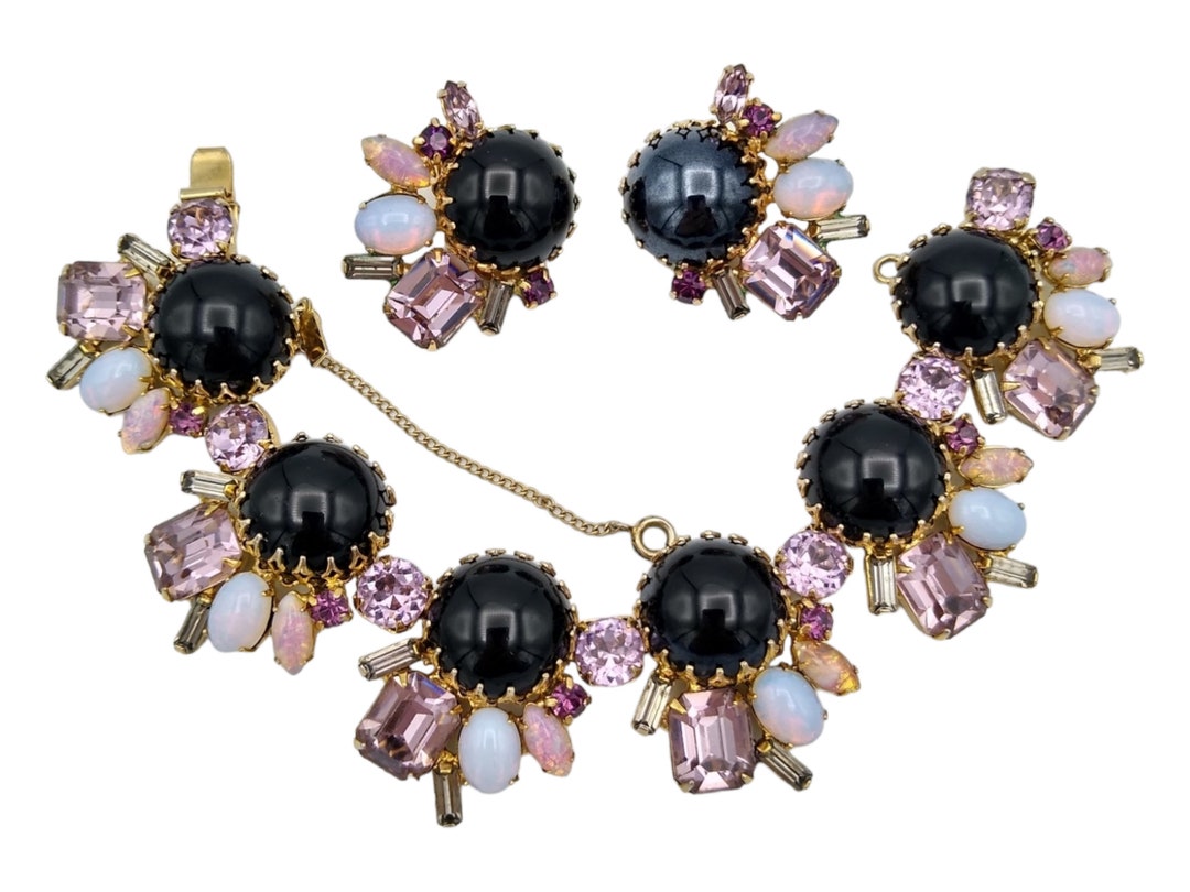 Rhinestone Bracelet Earrings Set, Black Cabochons, Lavender Rhinestones ...
