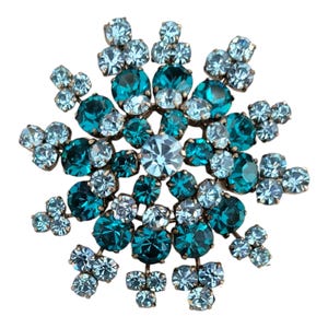 Austrian Rhinestone Brooch, Large Light Blue and Dark Teal Rhinestone ...