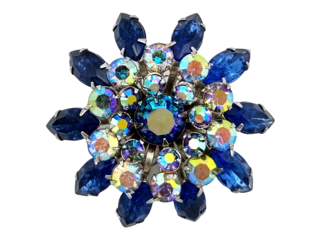 Blue Rhinestone Brooch, Navy Blue Rhinestones, Light and Dark Sapphire ...