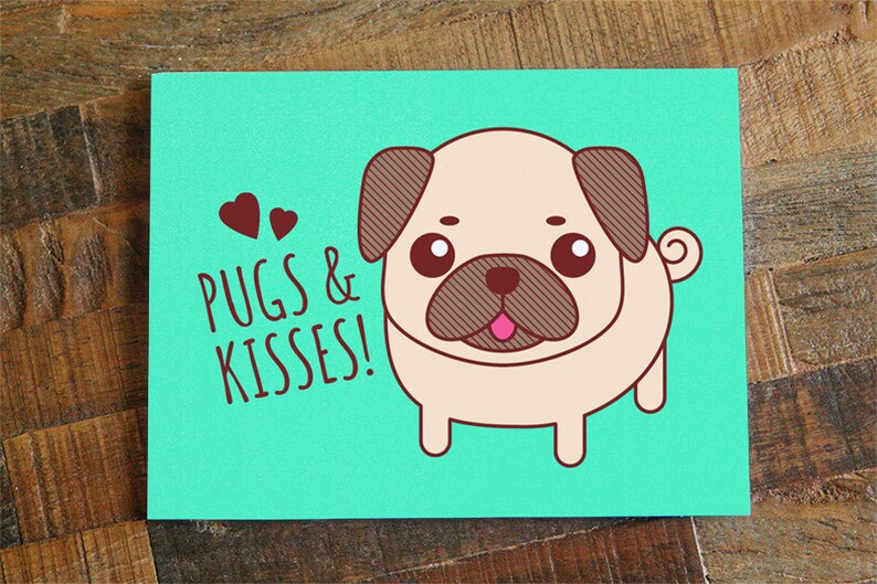 Pugs & Kisses Card Cute Pug Lover Illustration Greeting - Etsy