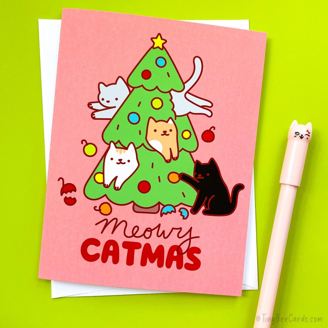Cat Lover Christmas Card meowy Catmas Funny Cats Destroying Christmas ...