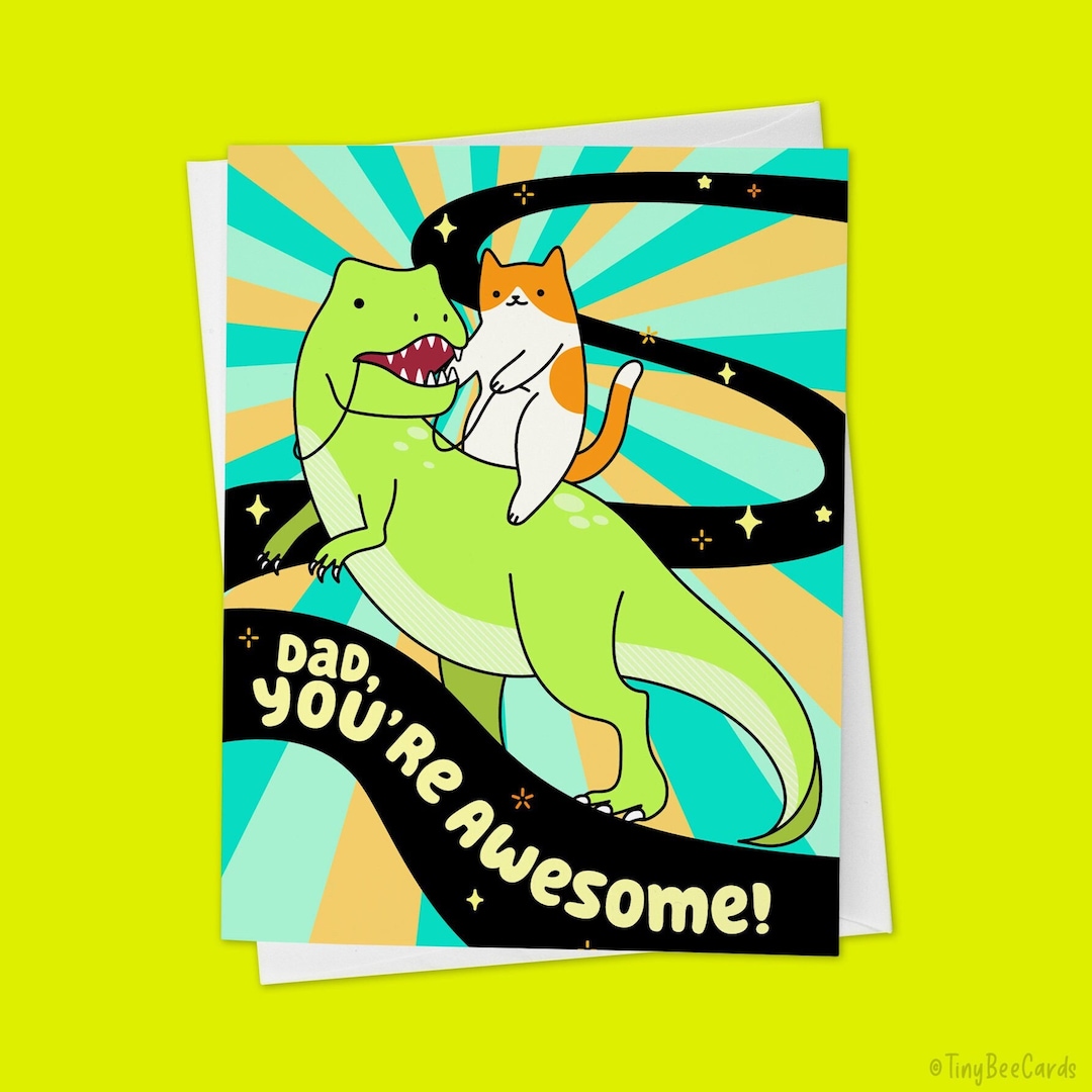 Cat Riding T-rex Dinosaur Father's Day or Birthday Card "dad, You're ...